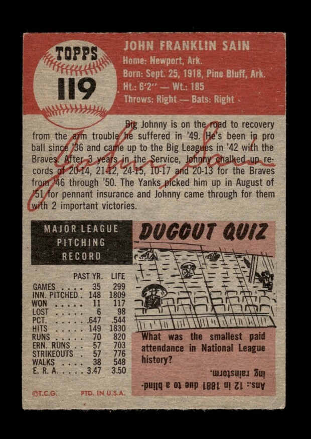 1953 Topps Set-Break #119 John Sain EX-EXMINT *GMCARDS* | eBay