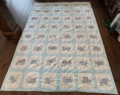 2Q) Vintage Fifty States Flower Birds Handmade Baby Powder Blue Quilt ...