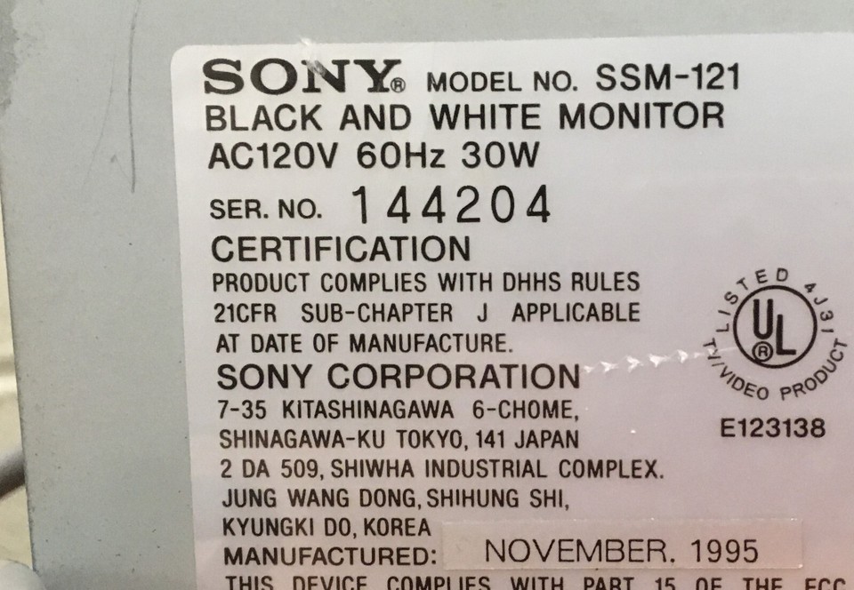 SONY ssm-121 Black White Monitor 12 inch CRT BNC made in Korea 1995 | eBay