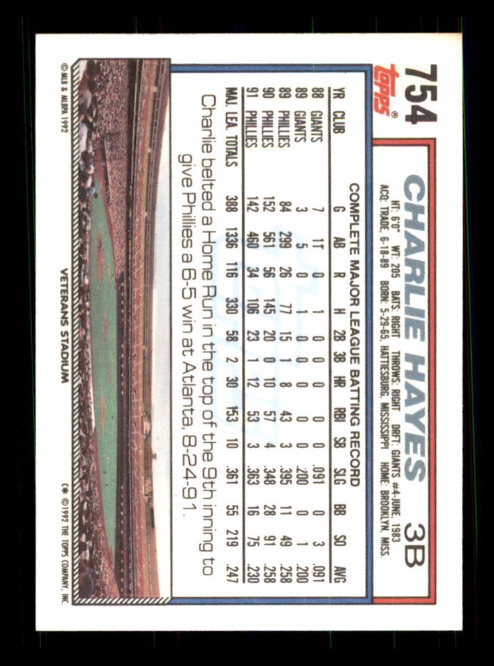 1992 Baseball Topps Charlie Hayes Philadelphia Phillies #754 | eBay