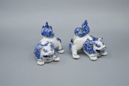 Vintage , Japanese, pair, porcelain, blue and white Fu lions, 4 inches ...