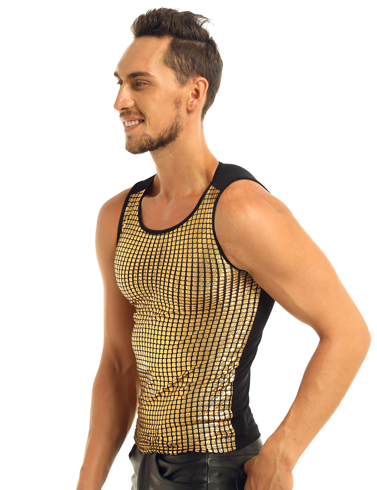 Men Shiny Sequin Tank Top Rave Disco Dance T-Shirts Vest Clubwear Party ...
