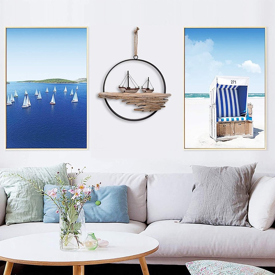 Nautical Wood Wall Decoration Rustic Wooden Hanging Circle Ocean Home ...