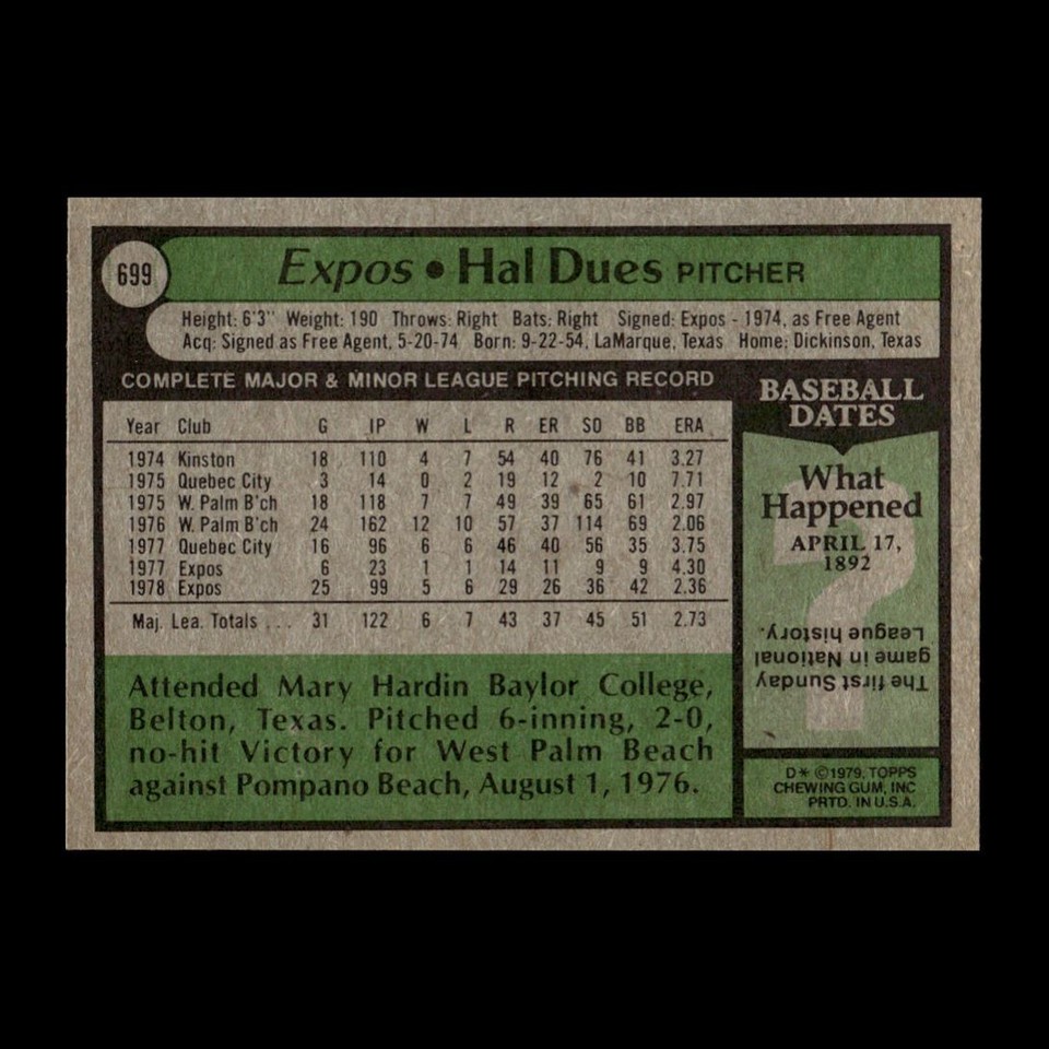 Hal Dues 1979 Topps Rookie Montreal Expos #699 Nice Vintage! | eBay