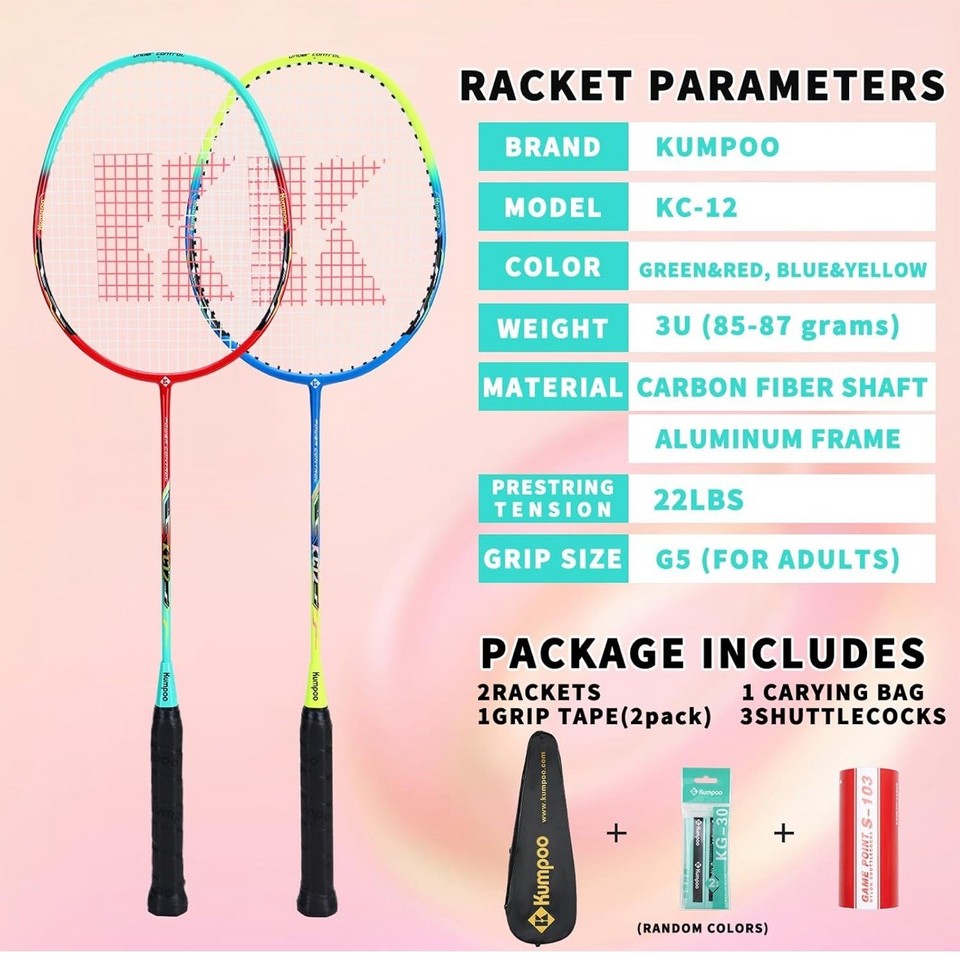 Badminton Rackets Set of 2, Carbon Fiber Badminton Racket Professional ...