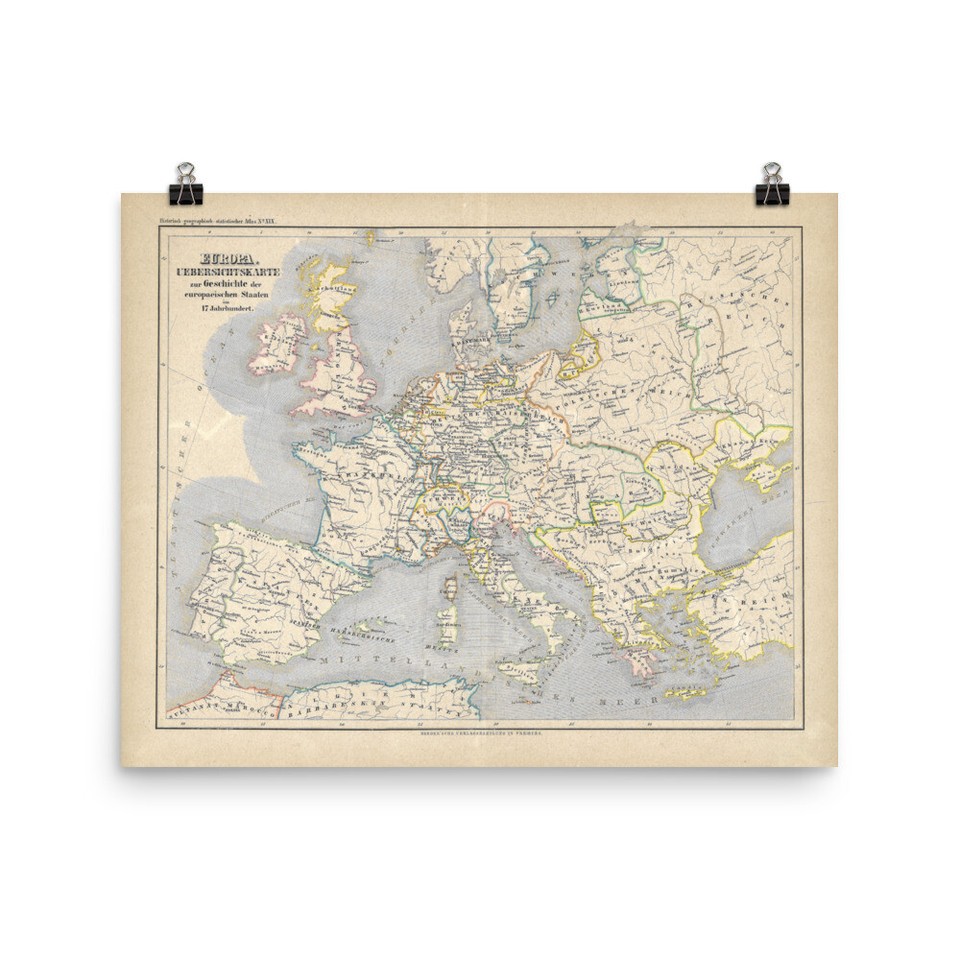 1856 German Map of 17th Century Europe Print Poster | eBay