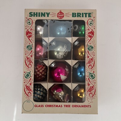 Vintage Shiny Brite Brand Glass Christmas Tree Ornaments W/Box Santa ...