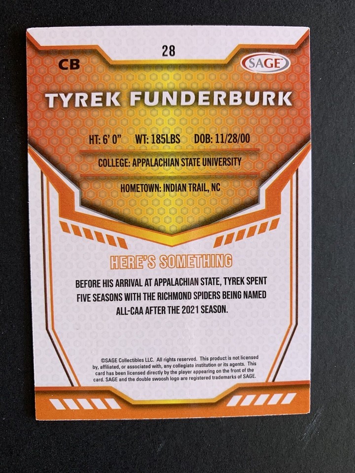 2024 Sage Low Series Football TYREK FUNDERBURK "ROOKIE" Card # 28 | eBay
