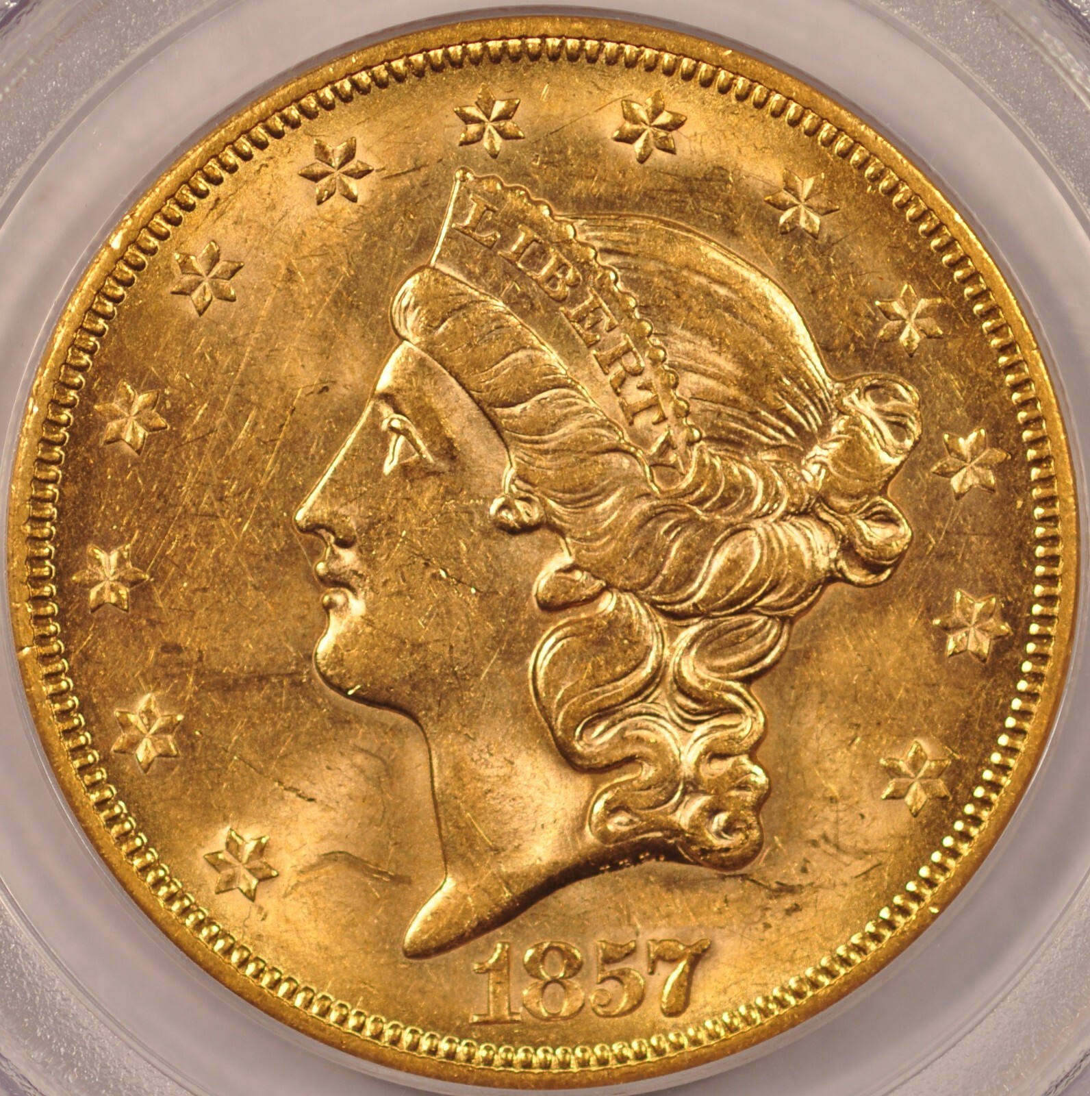 1857-S $20 Liberty Gold Double Eagle Coin PCGS AU-55 CAC SS Central ...