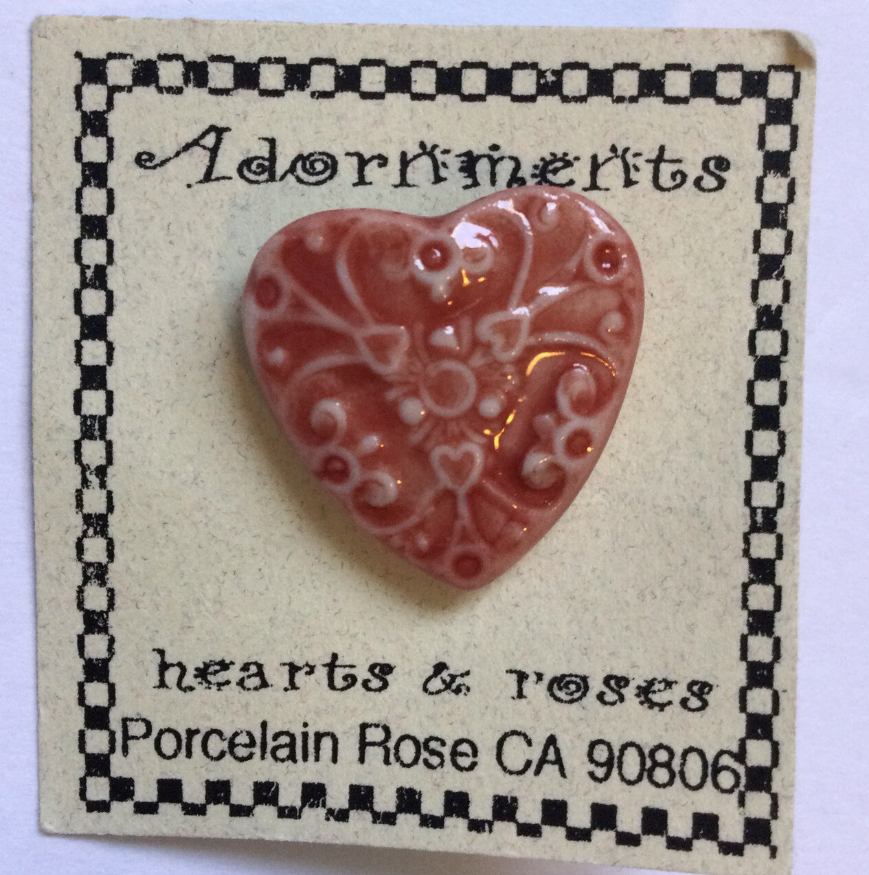 Adornments Hearts & Roses Pink Artist Made Embossed Pin Porcelain Rose ...