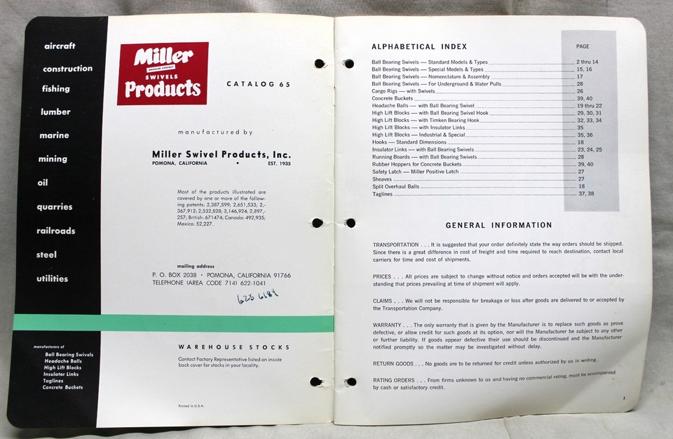 MILLER SWIVELS PRODUCTS ADVERTISING SALES CATALOG NO.65 VINTAGE TOOLS ...