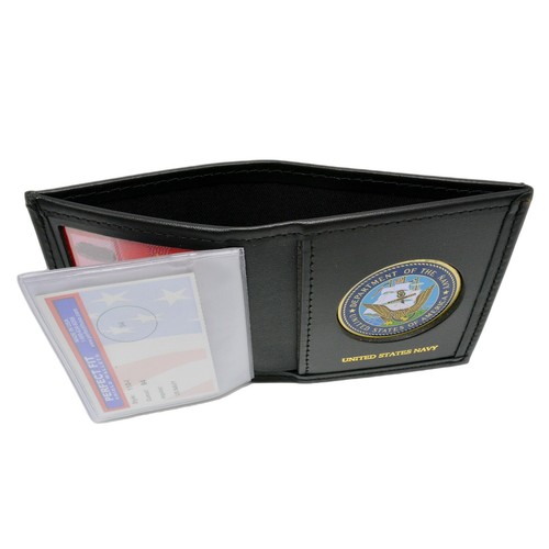 U S Navy USN Military Mens Black Leather Bi Fold Billfold Medallion ...