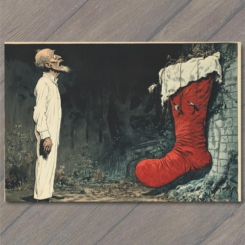 4x6" Man Staring Giant Christmas Stocking Surreal Scene Unique Strange ...