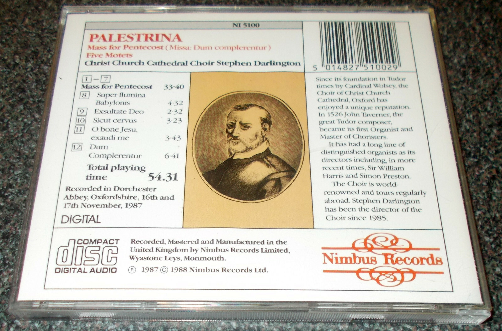 PALESTRINA-MASS FOR PENTECOST+5 MOTETS-NIMBUS CD 1988-CHRIST CHURCH ...