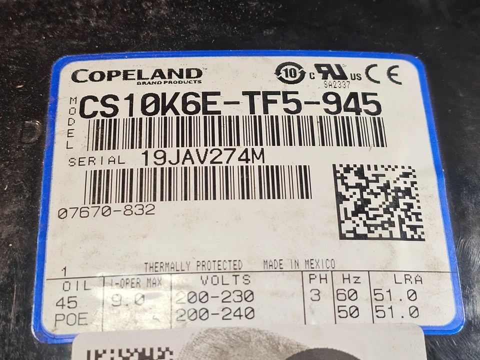 Copeland CS10K6E-TF5-945 Hermetic Reciprocating Compressor, 200-230V ...