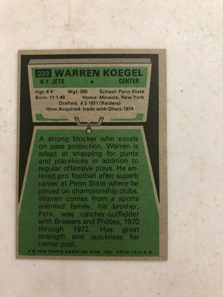 Vintage 1975 New York Jets Football Trading Card Warren Koegel | eBay