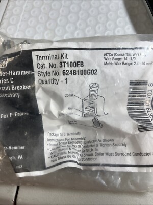 EATON CUTLER HAMMER 3T100FB F Frame Breaker 100 AMP Lug Kit Type FD HFD ...