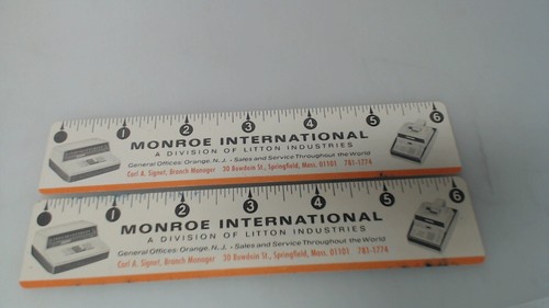2 Vintage Monroe The Calculator Company Advertising 6" Ruler ...