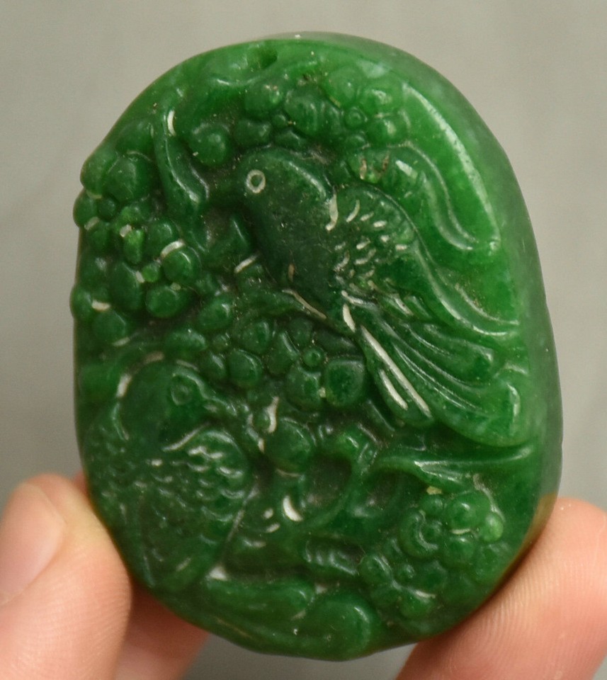 Unique China Green Jade Hand Carving Flower Bird Pattern Exorcism ...