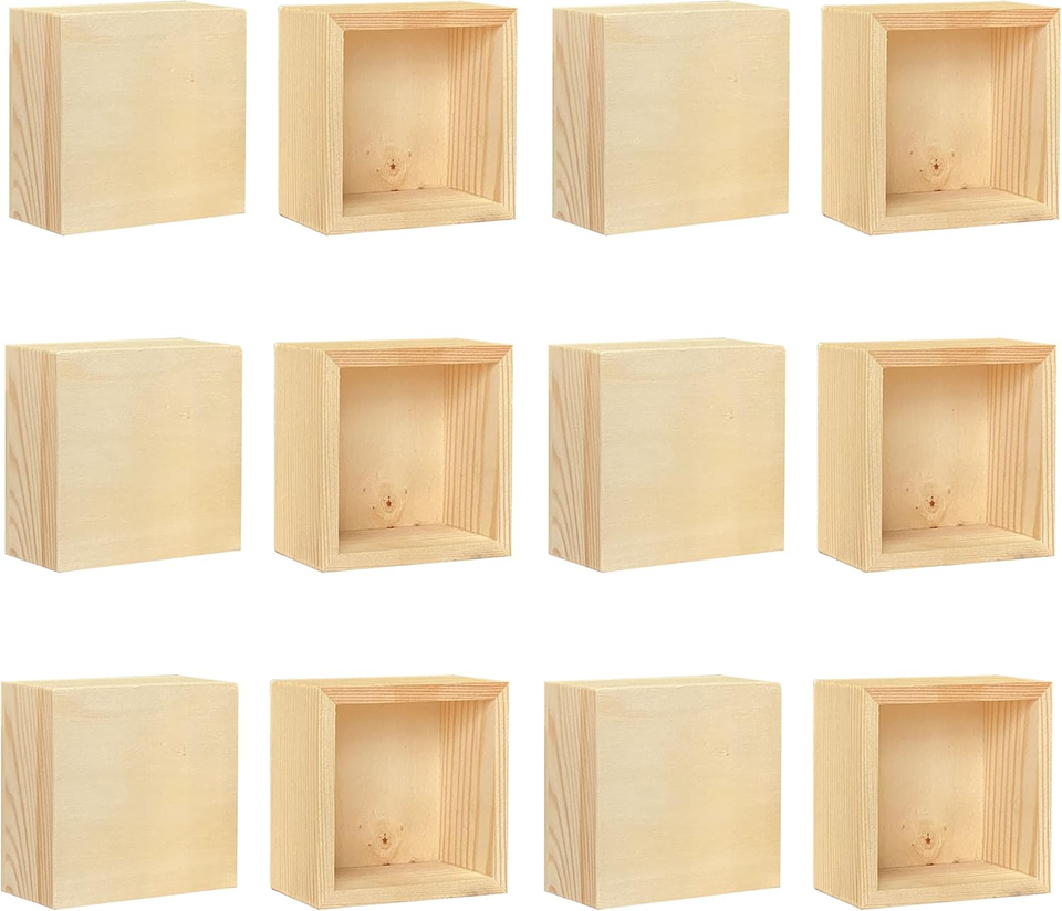 12-Pack Square Wood Box Unfinished Small Wooden Boxes for Crafts (Outer ...