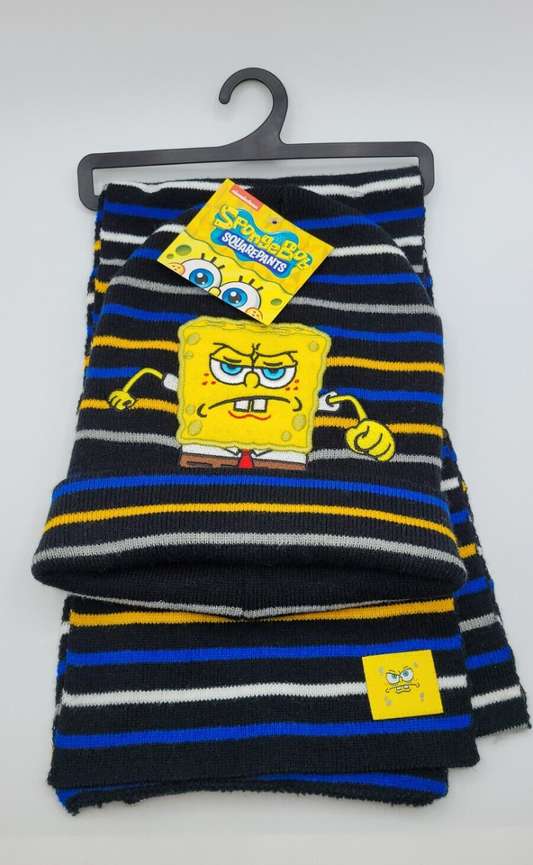SpongeBob SquarePants Beanie Hat & Scarf Set Striped Blue Yellow Gray ...