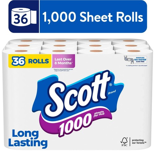 Scott 1000 Toilet Paper, 36 Rolls, 1,000 Sheets per Roll, Free Shipping ...