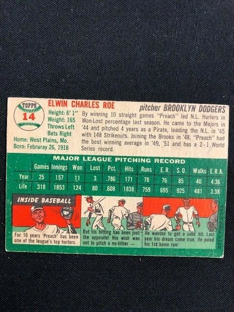 1954 Topps Baseball Preacher Roe Brooklyn Dodgers Card #14 | eBay