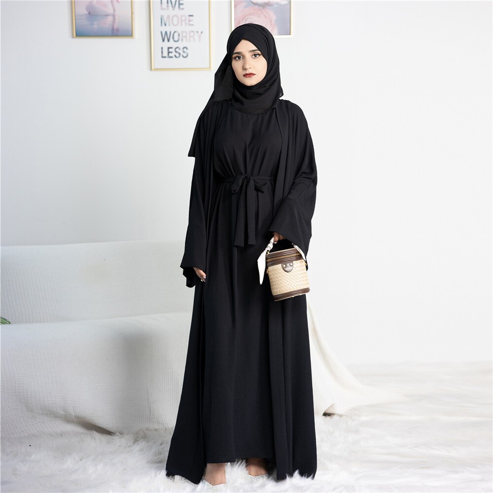 2 Piece Women Muslim Open Abaya Inner Dress Set Dubai Kimono Kaftan ...