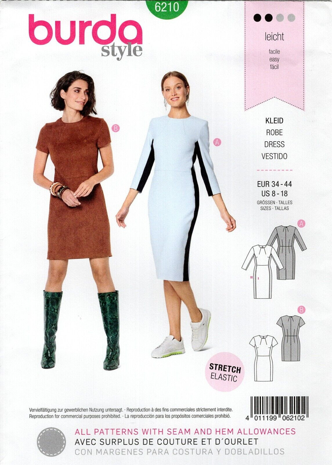 Burda+6210+Shift+Dress+in+2+Lengths+w+Racing+Stripe+Inset+Option+Sz+8 ...