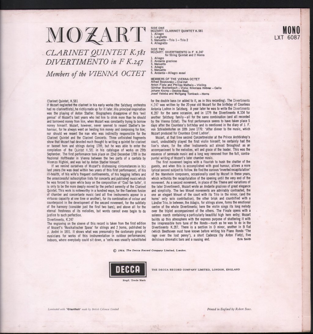 LXT6087 Alfred Boskovsky / Members of the Vienna Octet Mozart ...
