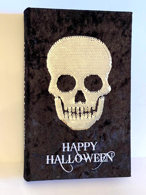 HALLOWEEN BLACK VELVET BOOK WITH SILVER SKULL. "HAPPY HALLOWEEN". 10 1/ ...