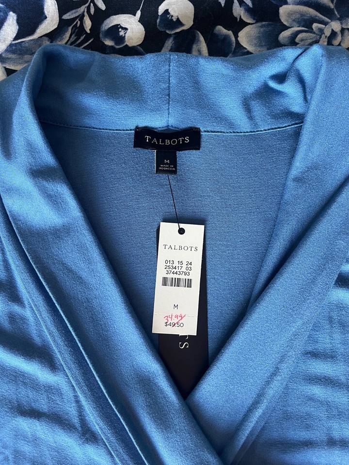 NWT Talbots Blue Wrap Front 3/4 Sleeve Ruched Top Size Medium | eBay