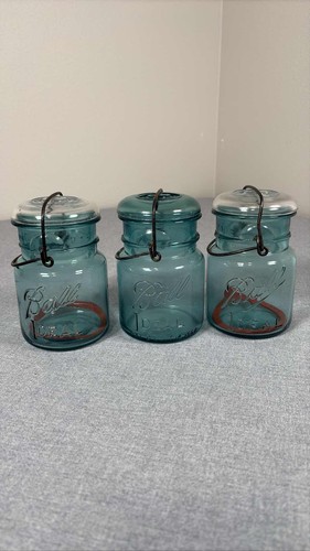Vtg Ball Ideal Aqua Blue Mason Jars Wire Bail Clamp Glass Lid Set of 3 ...