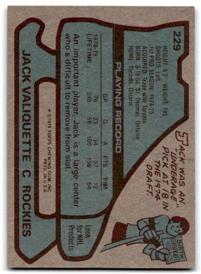 1979-80 TOPPS #229 JACK VALIQUETTE ROCKIES | eBay