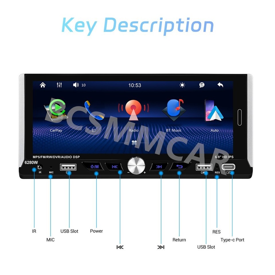 Car Multimedia Player Android 6.9in 1DIN Stereo Radio Carplay Android ...