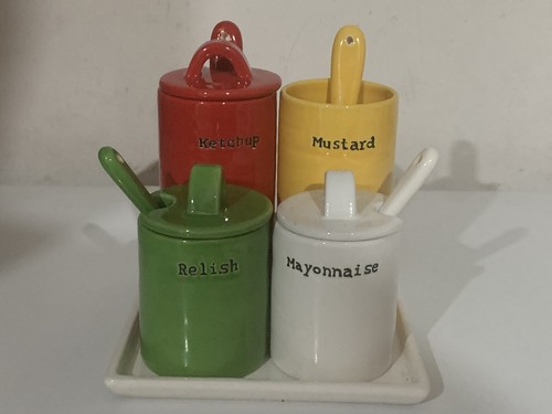 Pottery Barn BBQ Condiment Set Mustard Ketchup Relish Mayo with Spoons ...