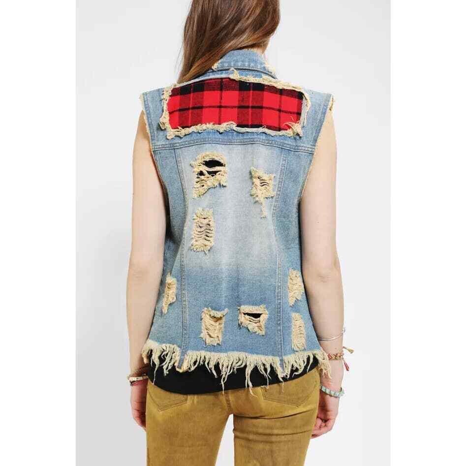 UNIF Distressed Denim Vest With Plaid Patches - NWT - SIZE M | eBay