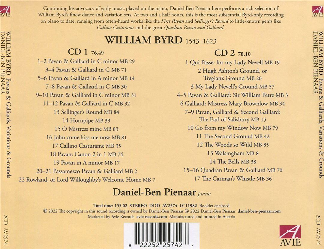 DANIEL-BEN PIENAAR BYRD: PAVANS & GALLIARDS; VARIATIONS & GROUNDS NEW CD 822252257427| eBay