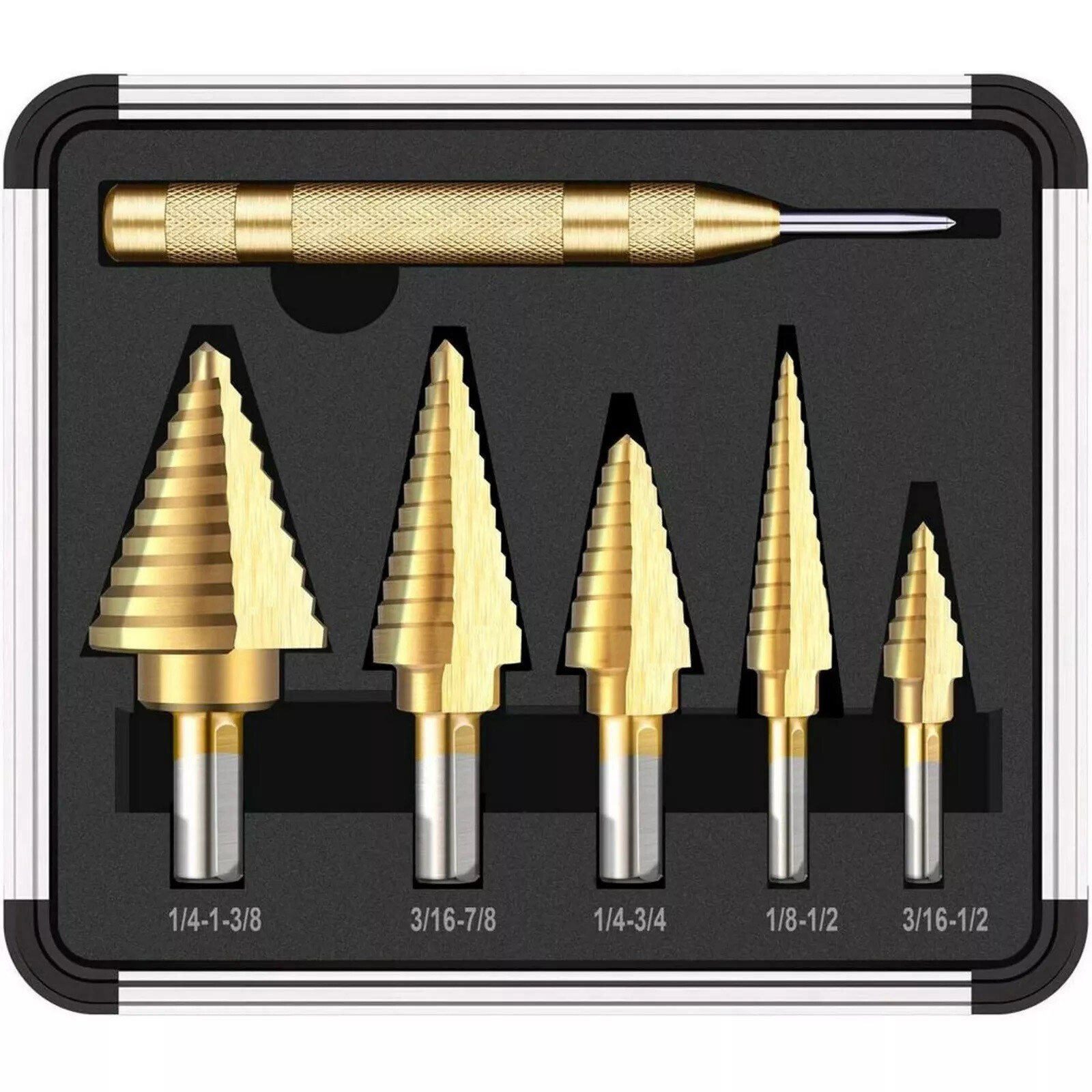 5PC Metal Cut Titanium Coated Step Unibit Drill Bit Set w Automatic ...
