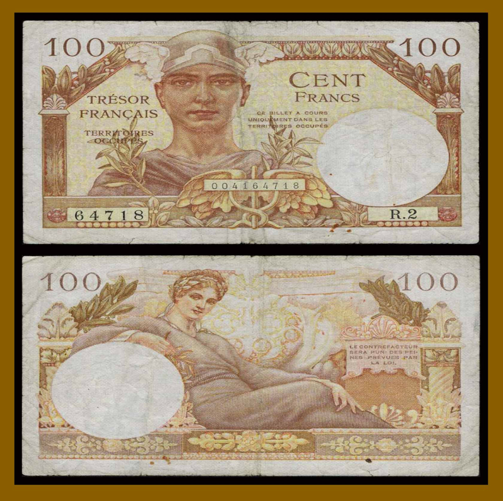 French Treasury (Tresor Francais) 100 Francs, 1947 P-M9 Stain Pinholes ...