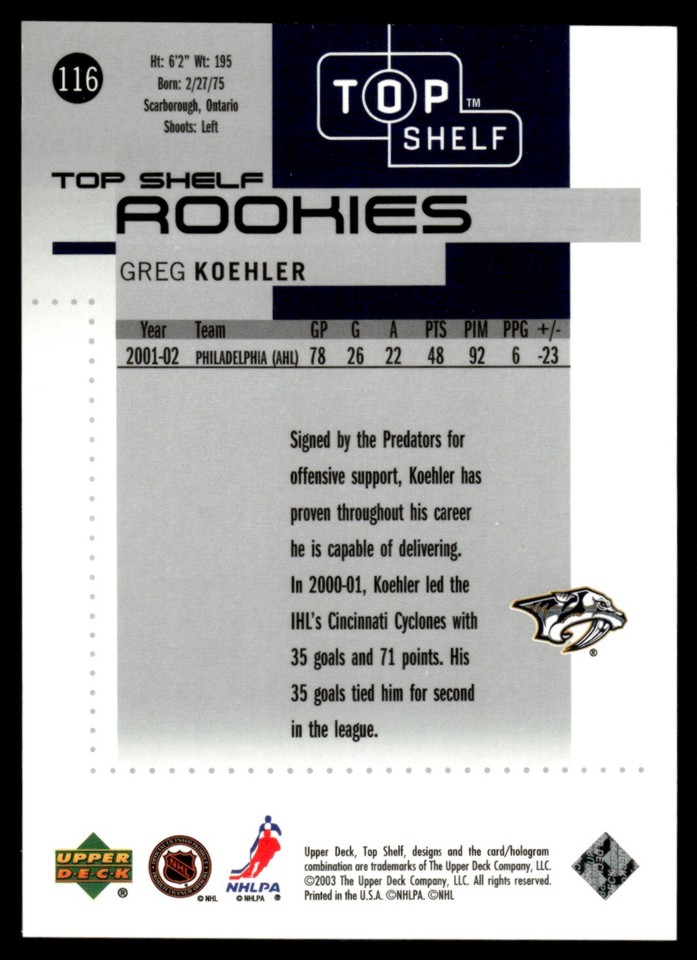 2002-03 Upper Deck Top Shelf #116 Greg Koehler Rookie 0281/1125 ...