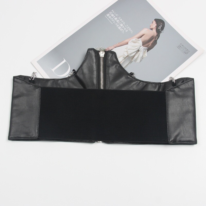 Women Black Faux Leather Belt Zip Wide Corset Metal Chain Punk Gothic ...