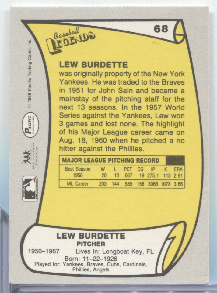 Lew Burdette Braves Autographed 1988 Pacific #68 w/COA 022024MLCD141 | eBay