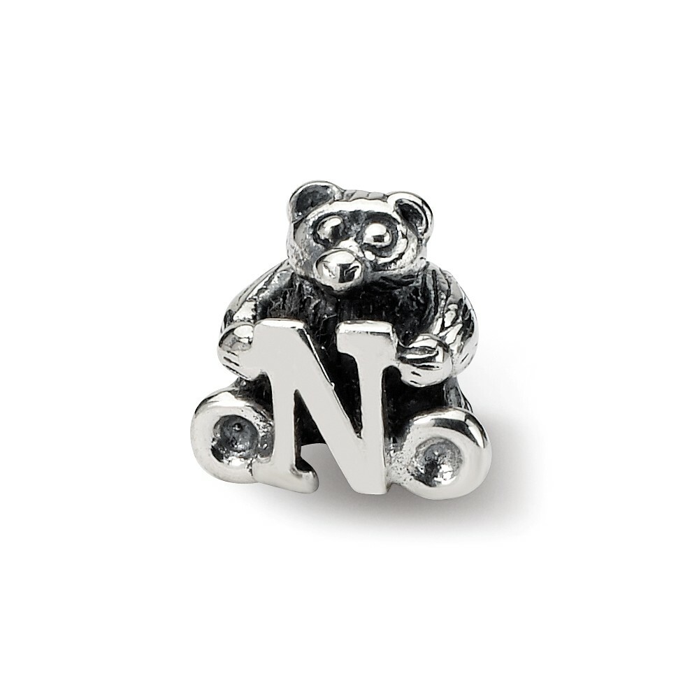 Letter N Teddy Bear Kids Bead .925 Sterling Silver Antiqued Reflection ...