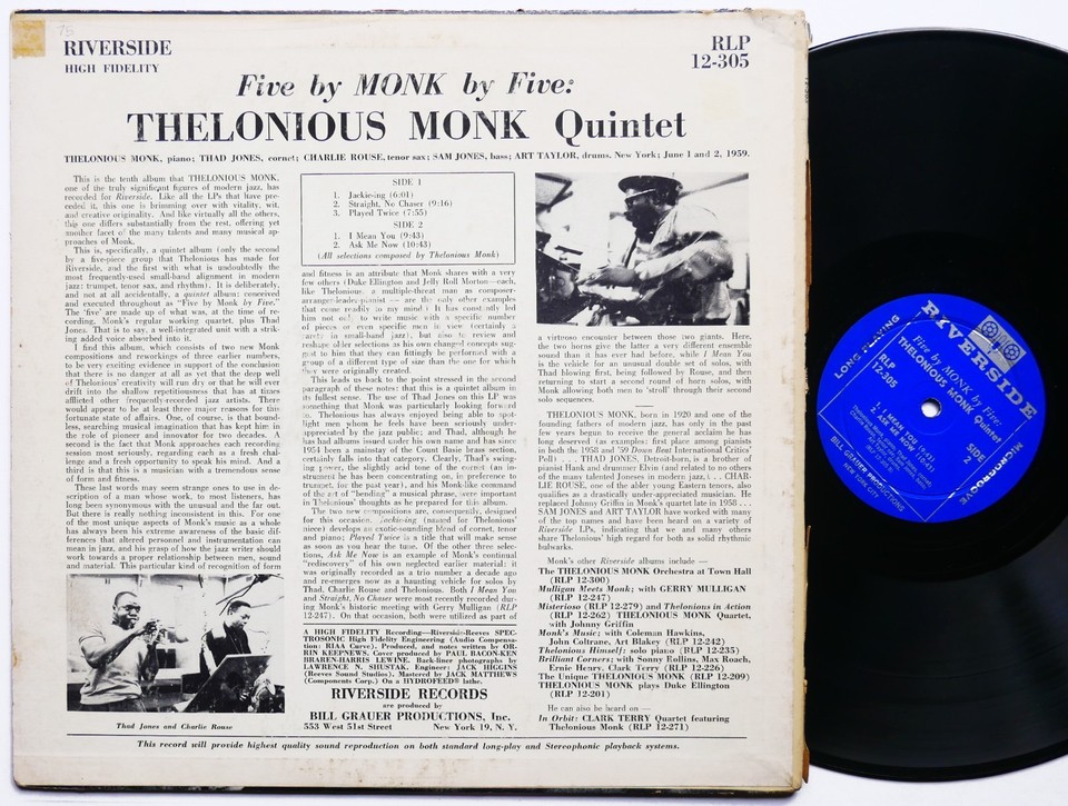 THELONIOUS MONK Quintet 5 By Monk By 5 LP RIVERSIDE RLP 12-305 US 1959 ...