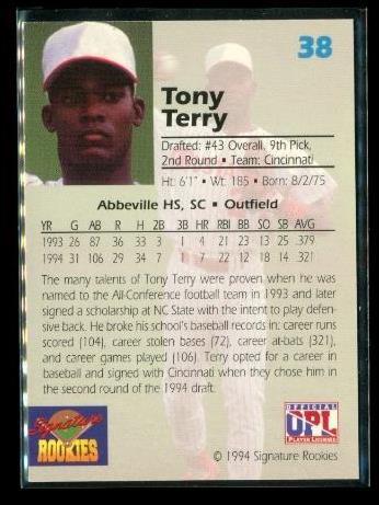 Vintage 1994 SIGNATURE RC AUTOGRAPH Baseball Card #38 TONY TERRY Reds ...