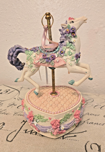 Vintage 90s Resin Carousel Horse Music Box Heart Shape Ribbons Flowers ...