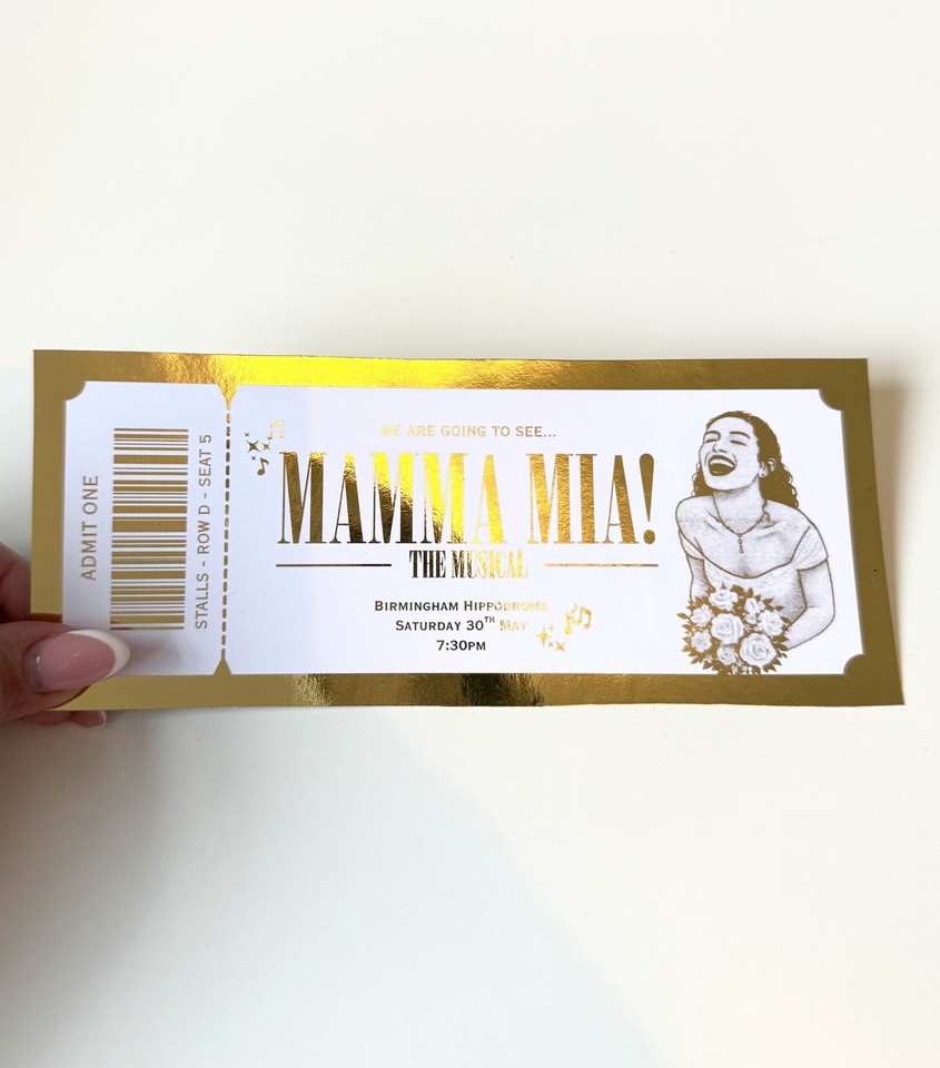 Personalised Gold / Colour Foil Event Gift Ticket - Customise to ANY ...