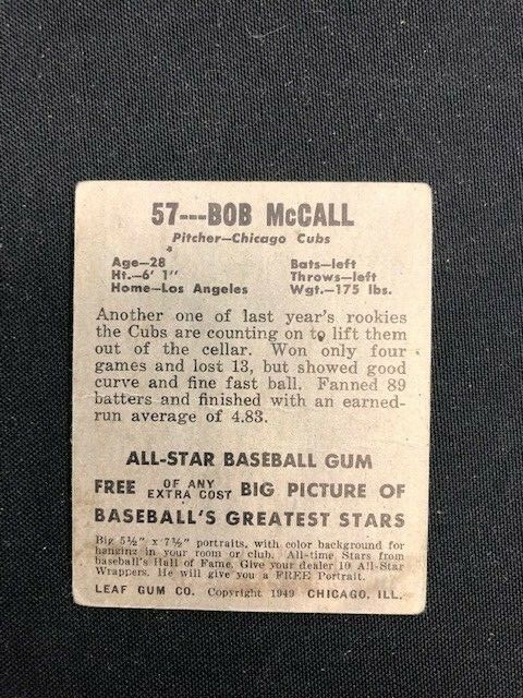 1949 Leaf Baseball Bob McCall Card # 157 Chicago Cubs | eBay