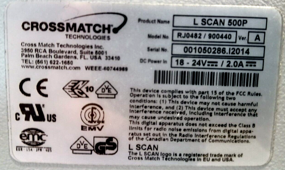 Crossmatch L SCAN 500P Fingerprint Scanner RJ0482, 900440 w/Cables ...